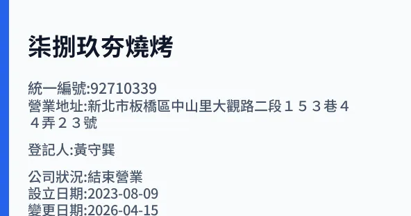 柒捌玖夯燒烤的照片-統編 92710339(新北市) 公司登記資料與營業項目詳細圖表