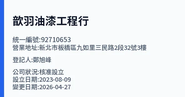 歆羽油漆工程行的照片-統編 92710653(新北市) 公司登記資料與營業項目詳細圖表