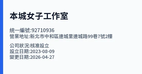 本城女子工作室的照片-統編 92710936(新北市) 公司登記資料與營業項目詳細圖表