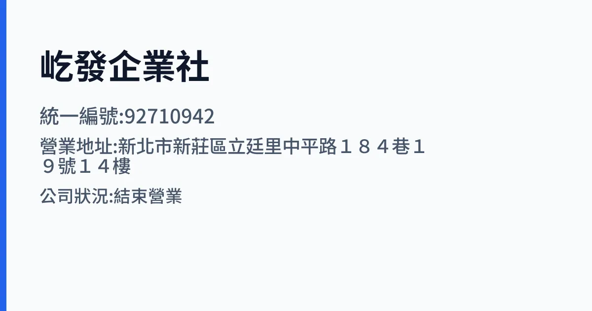 屹發企業社 - 統編 92710942(新北市) 公司登記資料與營業項目詳細圖表