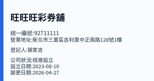 旺旺旺彩券舖的照片-統編 92711111(新北市) 公司登記資料與營業項目詳細圖表