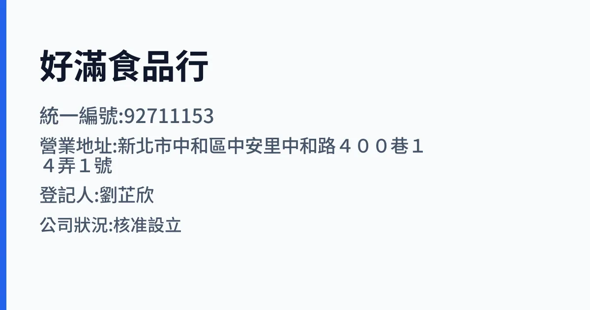 好滿食品行 - 統編 92711153(新北市) 公司登記資料與營業項目詳細圖表