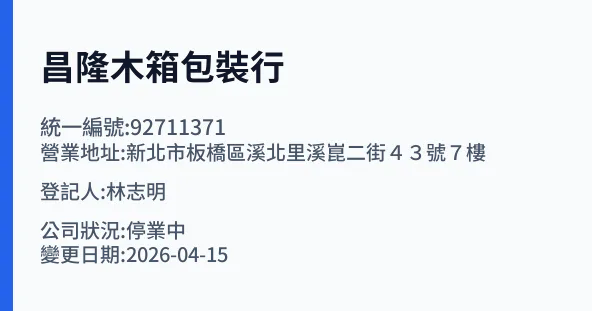 昌隆木箱包裝行的照片-統編 92711371(新北市) 公司登記資料與營業項目詳細圖表