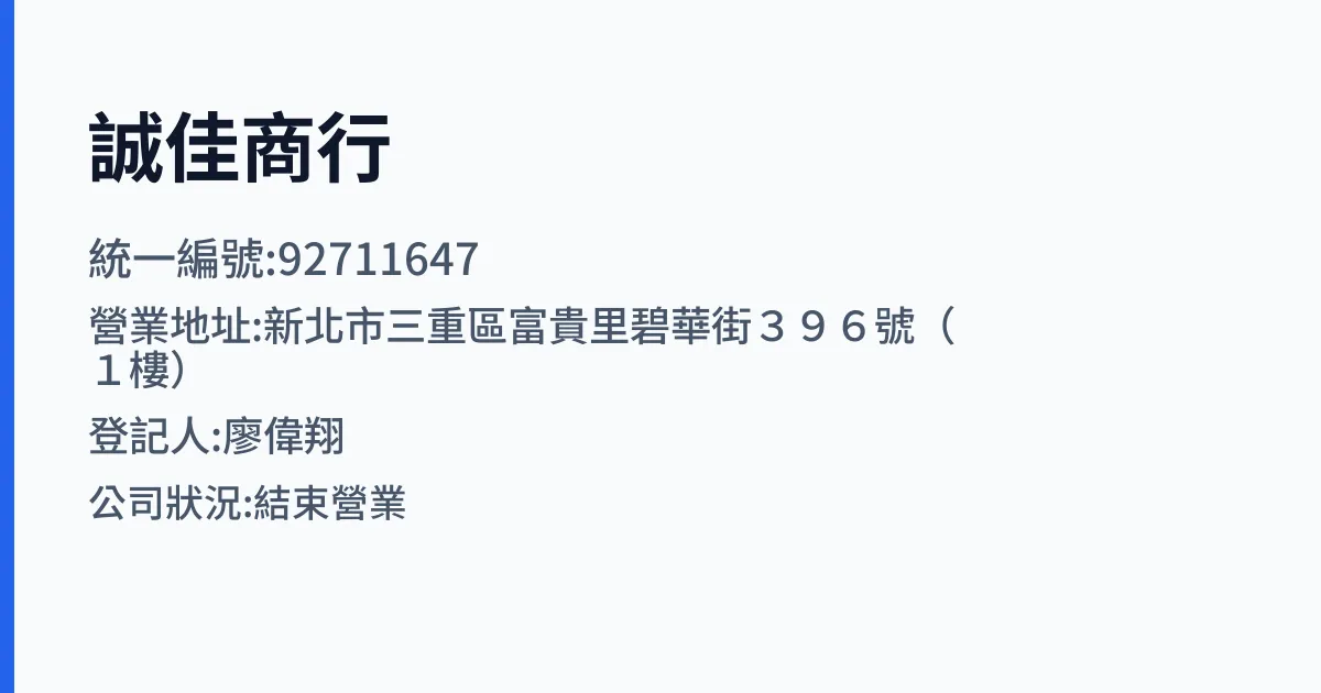 誠佳商行 - 統編 92711647(新北市) 公司登記資料與營業項目詳細圖表