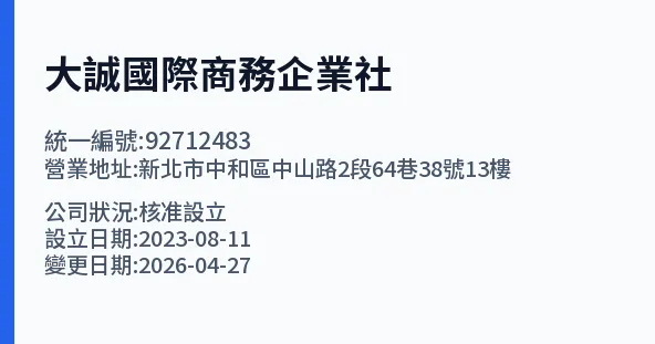 大誠國際商務企業社的照片-統編 92712483(新北市) 公司登記資料與營業項目詳細圖表