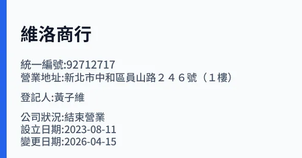 維洛商行的照片-統編 92712717(新北市) 公司登記資料與營業項目詳細圖表