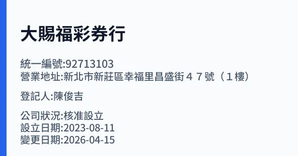 大賜福彩券行的照片-統編 92713103(新北市) 公司登記資料與營業項目詳細圖表
