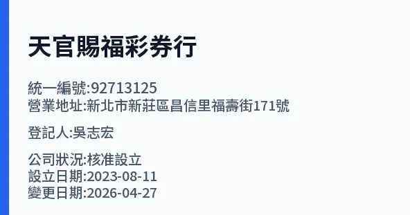 天官賜福彩券行的照片-統編 92713125(新北市) 公司登記資料與營業項目詳細圖表
