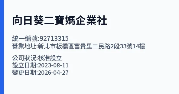 向日葵二寶媽企業社的照片-統編 92713315(新北市) 公司登記資料與營業項目詳細圖表