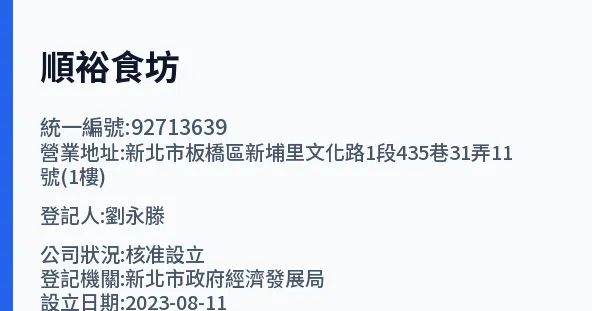 順裕食坊的照片-統編 92713639(新北市) 公司登記資料與營業項目詳細圖表