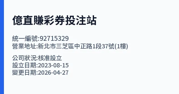 億直賺彩券投注站的照片-統編 92715329(新北市) 公司登記資料與營業項目詳細圖表