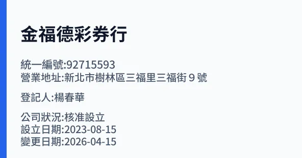 金福德彩券行的照片-統編 92715593(新北市) 公司登記資料與營業項目詳細圖表