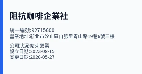 阻抗咖啡企業社的照片-統編 92715600(新北市) 公司登記資料與營業項目詳細圖表
