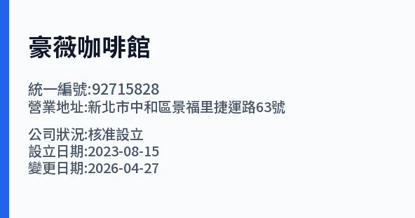 豪薇咖啡館的照片-統編 92715828(新北市) 公司登記資料與營業項目詳細圖表