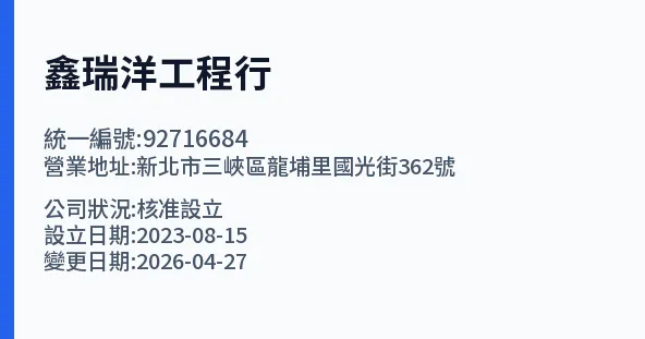 鑫瑞洋工程行的照片-統編 92716684(新北市) 公司登記資料與營業項目詳細圖表