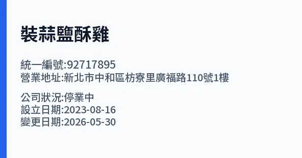 裝蒜鹽酥雞的照片-統編 92717895(新北市) 公司登記資料與營業項目詳細圖表