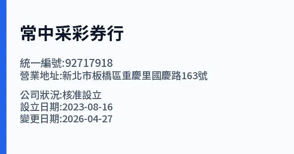 常中采彩券行的照片-統編 92717918(新北市) 公司登記資料與營業項目詳細圖表