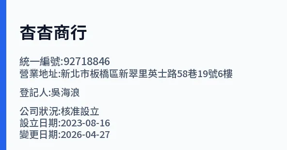 杳杳商行的照片-統編 92718846(新北市) 公司登記資料與營業項目詳細圖表