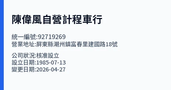 陳偉風自營計程車行的照片-統編 92719269(屏東縣) 公司登記資料與營業項目詳細圖表
