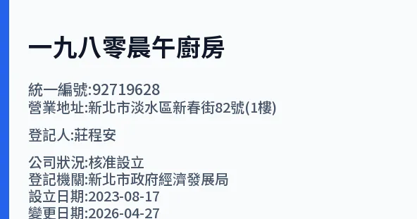 一九八零晨午廚房的照片-統編 92719628(新北市) 公司登記資料與營業項目詳細圖表