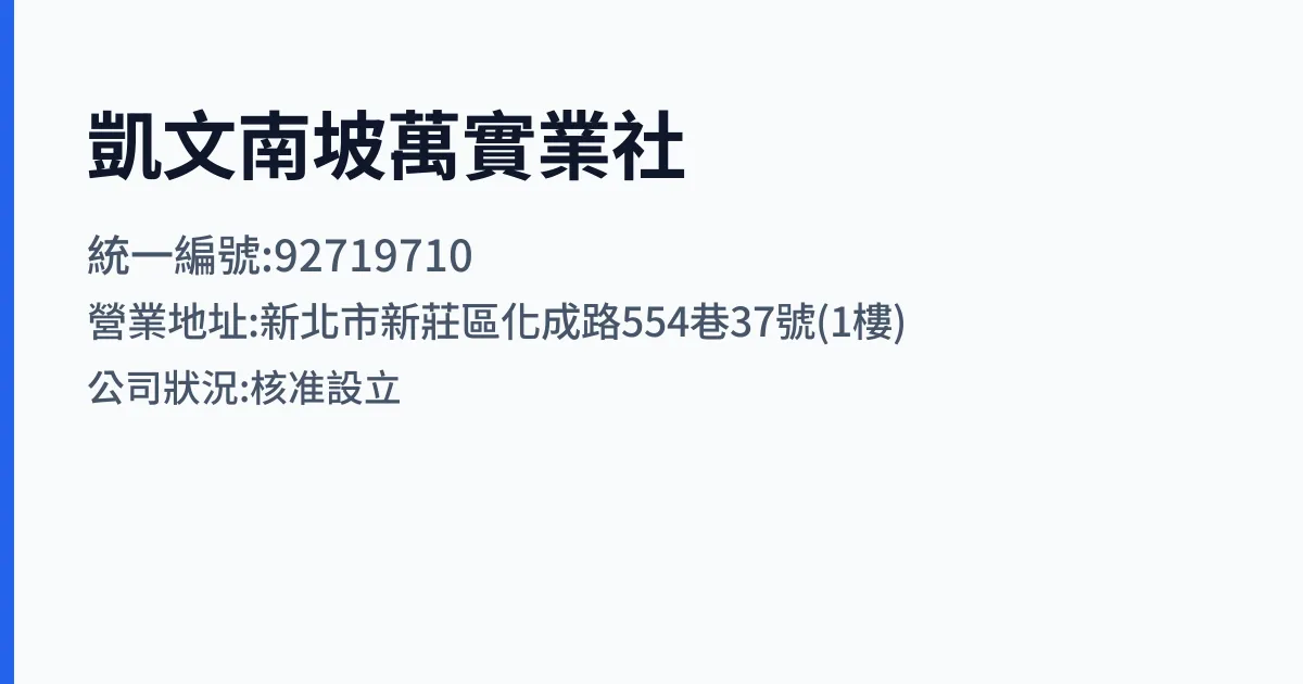 凱文南坡萬實業社 - 統編 92719710(新北市) 公司登記資料與營業項目詳細圖表