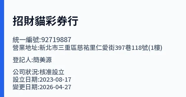 招財貓彩券行的照片-統編 92719887(新北市) 公司登記資料與營業項目詳細圖表