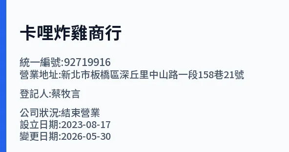 卡哩炸雞商行的照片-統編 92719916(新北市) 公司登記資料與營業項目詳細圖表