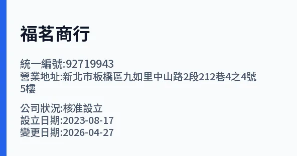 福茗商行的照片-統編 92719943(新北市) 公司登記資料與營業項目詳細圖表