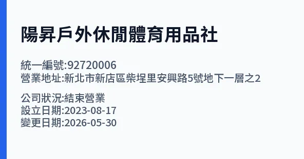 陽昇戶外休閒體育用品社的照片-統編 92720006(新北市) 公司登記資料與營業項目詳細圖表