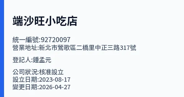 端沙旺小吃店的照片-統編 92720097(新北市) 公司登記資料與營業項目詳細圖表
