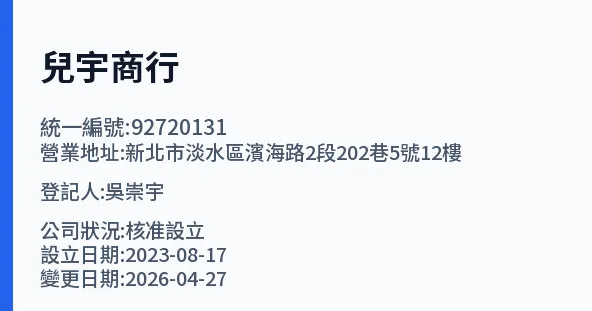 兒宇商行的照片-統編 92720131(新北市) 公司登記資料與營業項目詳細圖表
