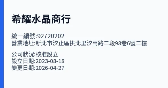 希耀水晶商行的照片-統編 92720202(新北市) 公司登記資料與營業項目詳細圖表