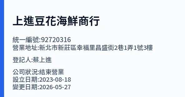 上進豆花海鮮商行的照片-統編 92720316(新北市) 公司登記資料與營業項目詳細圖表