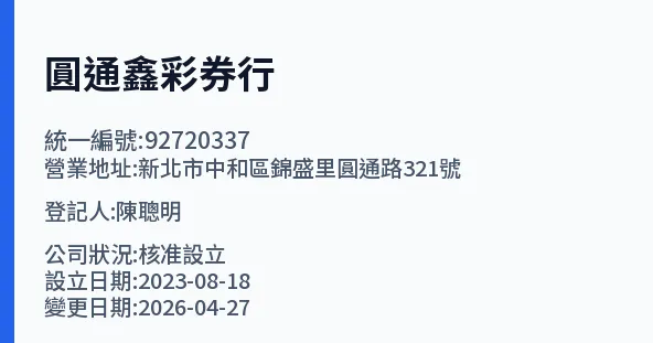 圓通鑫彩券行的照片-統編 92720337(新北市) 公司登記資料與營業項目詳細圖表