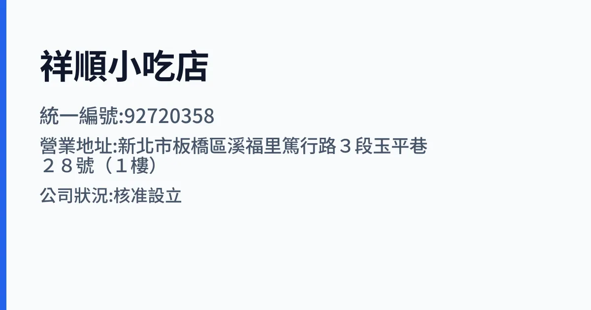 祥順小吃店 - 統編 92720358(新北市) 公司登記資料與營業項目詳細圖表