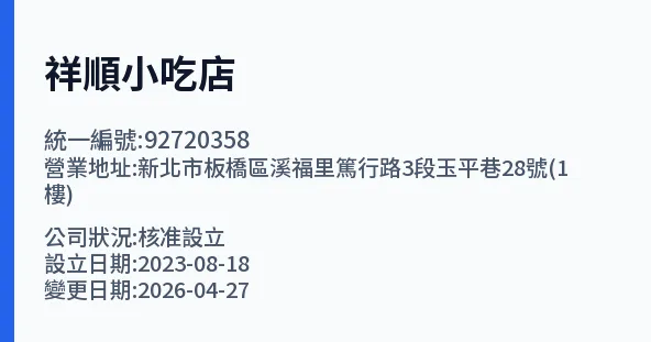 祥順小吃店的照片-統編 92720358(新北市) 公司登記資料與營業項目詳細圖表