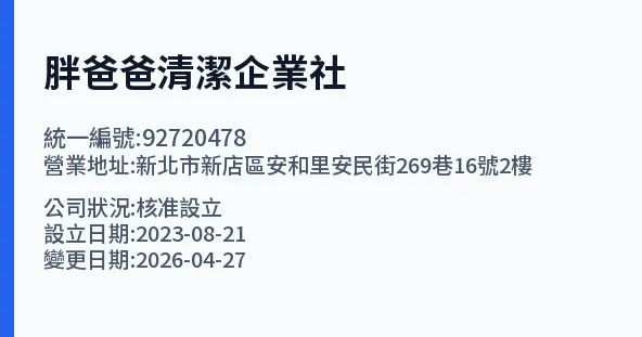 胖爸爸清潔企業社的照片-統編 92720478(新北市) 公司登記資料與營業項目詳細圖表