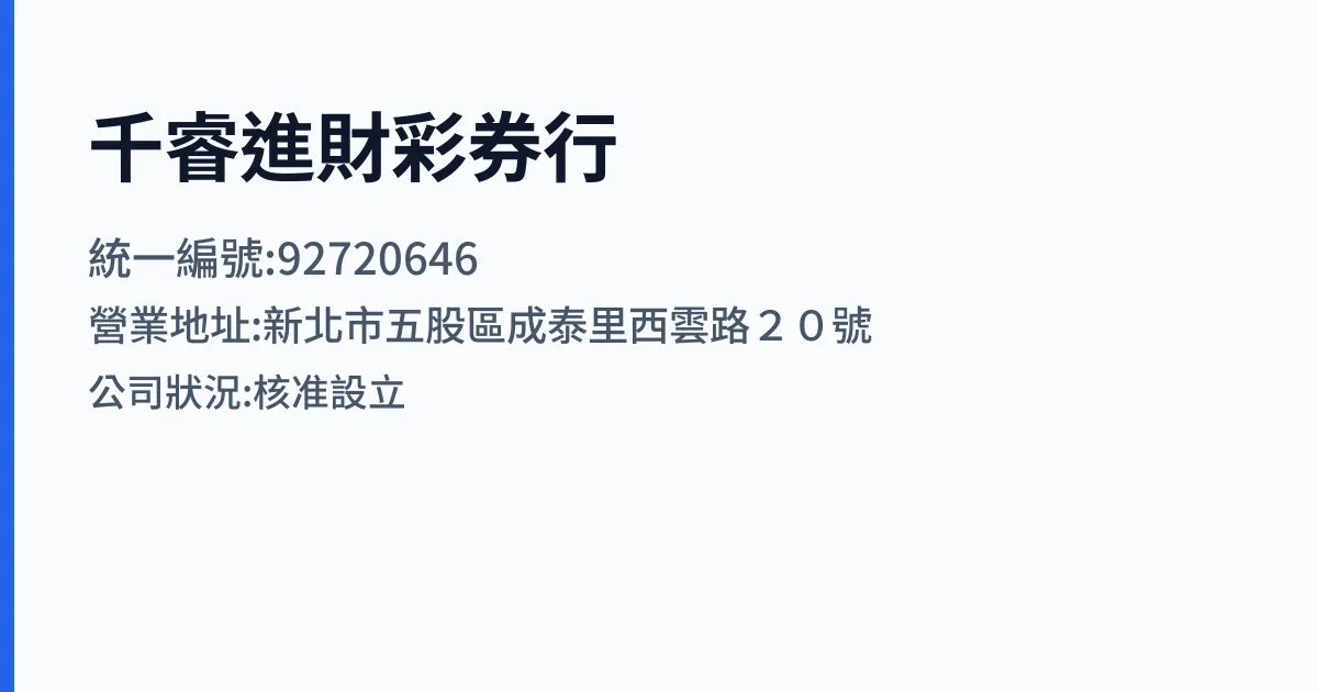 千睿進財彩券行 - 統編 92720646（新北市） 公司登記資料與營業項目詳細圖表