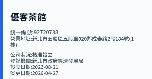優客茶館的照片-統編 92720738(新北市) 公司登記資料與營業項目詳細圖表