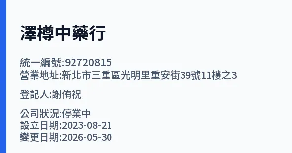 澤樽中藥行的照片-統編 92720815(新北市) 公司登記資料與營業項目詳細圖表