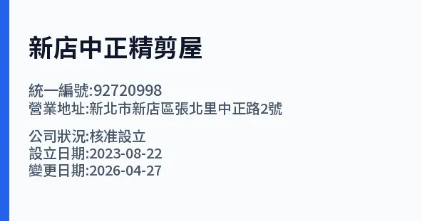 新店中正精剪屋的照片-統編 92720998(新北市) 公司登記資料與營業項目詳細圖表