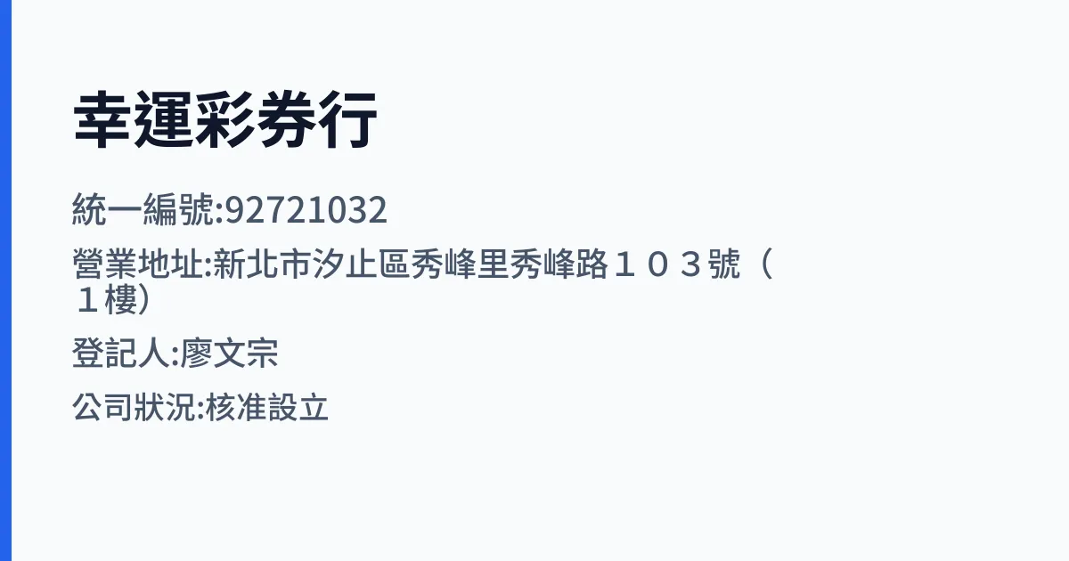 幸運彩券行 - 統編 92721032(新北市) 公司登記資料與營業項目詳細圖表