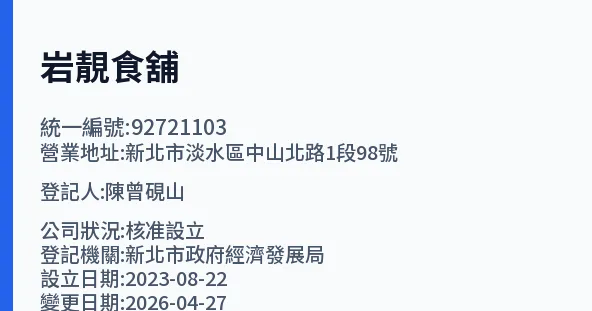 岩靚食舖的照片-統編 92721103(新北市) 公司登記資料與營業項目詳細圖表