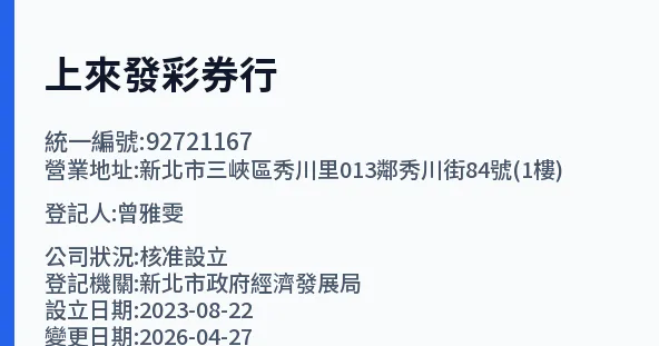 上來發彩券行的照片-統編 92721167(新北市) 公司登記資料與營業項目詳細圖表