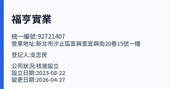 福亨實業的照片-統編 92721407(新北市) 公司登記資料與營業項目詳細圖表