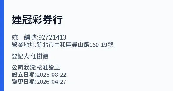 連冠彩券行的照片-統編 92721413(新北市) 公司登記資料與營業項目詳細圖表