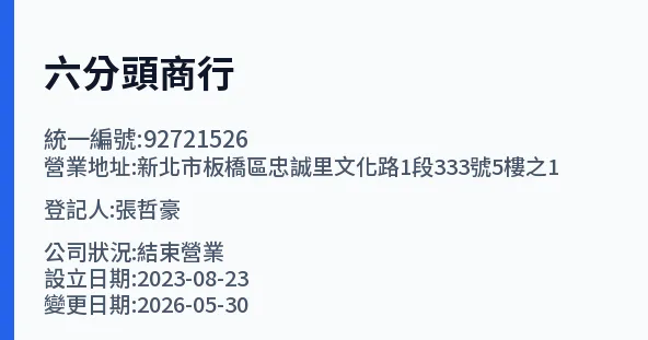 六分頭商行的照片-統編 92721526(新北市) 公司登記資料與營業項目詳細圖表