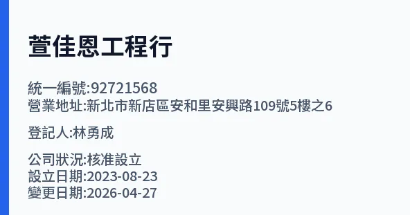 萱佳恩工程行的照片-統編 92721568(新北市) 公司登記資料與營業項目詳細圖表