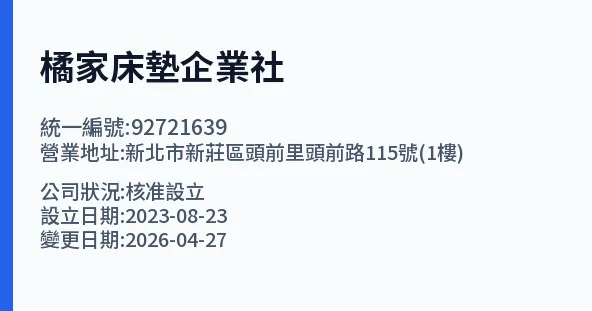 橘家床墊企業社的照片-統編 92721639(新北市) 公司登記資料與營業項目詳細圖表