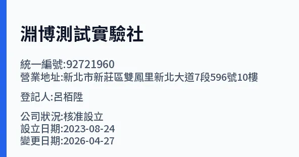 淵博測試實驗社的照片-統編 92721960(新北市) 公司登記資料與營業項目詳細圖表